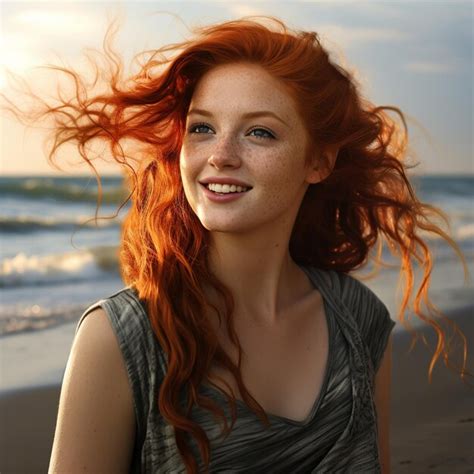 Premium Photo Illustration Of A Beautiful Smiling Redhead At The Beach