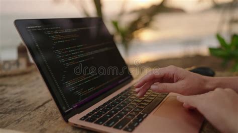 Female Developer Working On Laptop Creating Apps By The Ocean Young Woman Freelancer Coding At