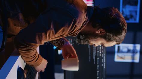 Computer Scientist Drinking Cup Of Coffee While Developing Code On Pc Stock Footage Video Of