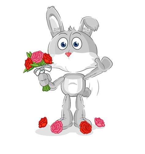 부케 마스코트 만화 벡터와 토끼 프리미엄 벡터
