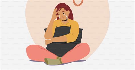 우울증 정신 질환 정신 건강 문제 개념 불행한 여자는 베개를 손에 들고 바닥에 앉아 자살을 생각한다 여성 캐릭터는 심리적 도움이 필요합니다 만화 벡터 일러스트레이션