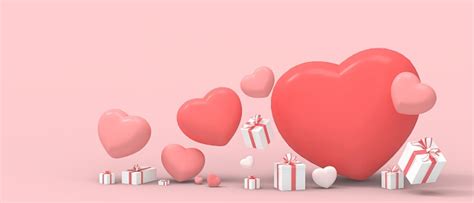 해피 발렌타인 데이 인사말 카드는 분홍색 배경에 사랑 개념의 제품 플랫폼을 위해 하트 풍선이 있는 배너와 선물 상자를 판매합니다 기념일 결혼식 생일 복사 공간3d 렌더링 3