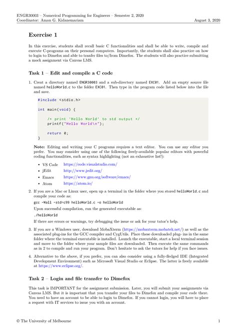 Exercise 01 1 Tut1 Engr30003 Numerical Programming For Engineers Semester 2 2020