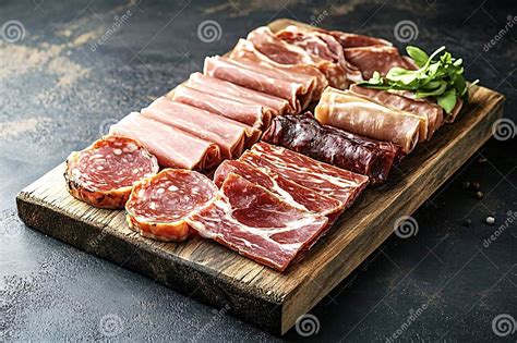 Assorted Cured Meats Prosciutto Salami Chorizo And Bacon On Wooden