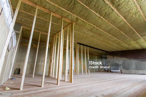 건설 및 혁신의 큰 넓은 오크 바닥 벽 및 천장 바위 양모 및 섬유 유리 찬 장벽에 대 한 미래의 벽에 나무 프레임 절연