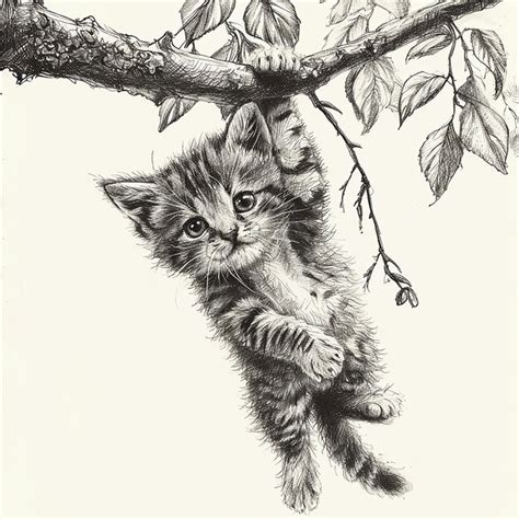 Premium Photo A Drawing Of A Kitten On A Tree
