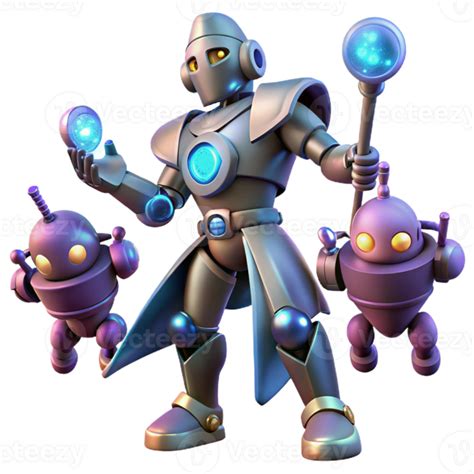 Magnificent Modern 3d Robot Wizard And Companions Illustration Detailed 56671175 Png