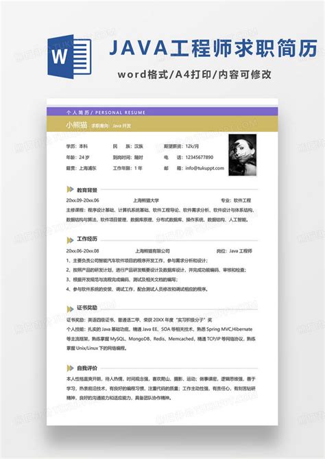 紫金色java开发软件工程师求职简历word模板下载熊猫办公 紫金色java开发软件工程师求职简历word模板下载熊猫办公