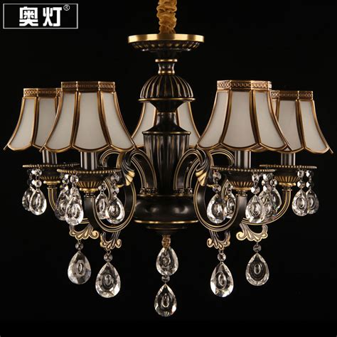 欧式全铜水晶吊灯客厅卧室书房简美式黑擦金复古餐桌铜艺灯饰灯具 虎窝淘