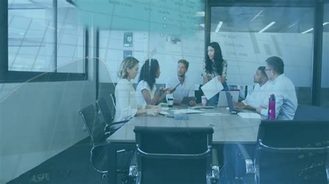 Animation Of Statistical Data Processing Against Team Of Diverse Colleagues Discussing At Office