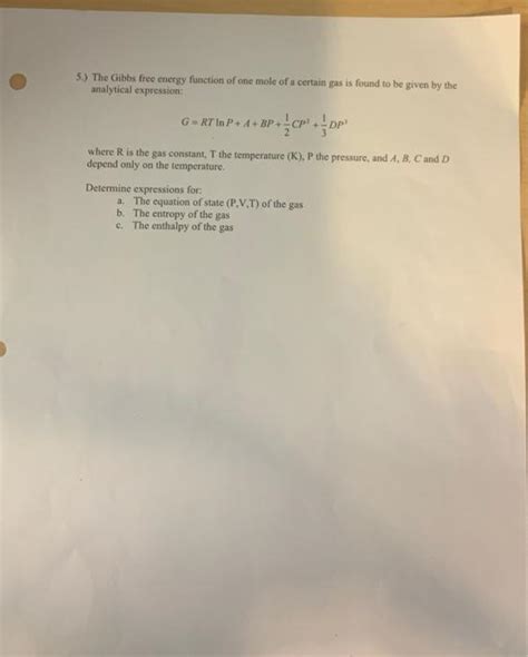 5 the gibbs free energy function of one mole of a
