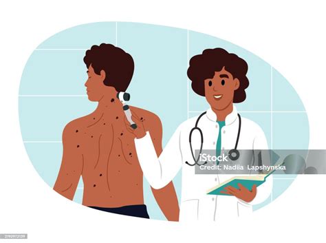 피부암 및 흑색종 인식의 달 건강 문제 피부 질환 피부암 진단 의사는 피부경을 사용하여 환자의 피부 질환을 검사합니다 벡터 일러스트 레이 션 일러스트레이션에 대한 스톡 벡터