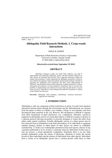 Pdf Allelopathy Field Research Methods 1 Crops Weeds Interactions