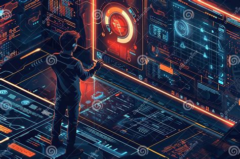 A Man Stands In Front Of A High Tech Computer Screen Engaging With Advanced Technology