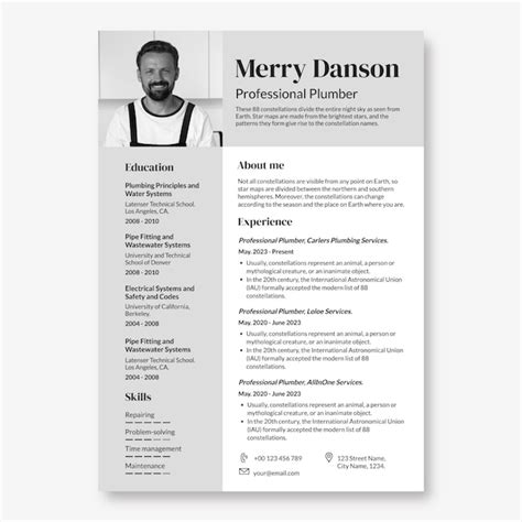 배관공 이력서 템플릿 디자인 무료 벡터