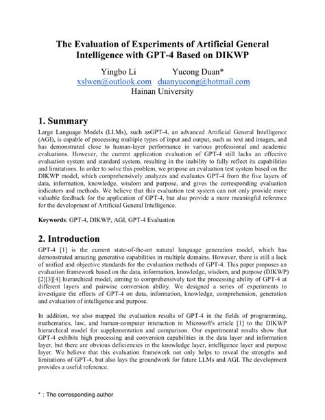 Pdf The Evaluation Of Experiments Of Artificial General Intelligence With Gpt 4 Based On Dikwp