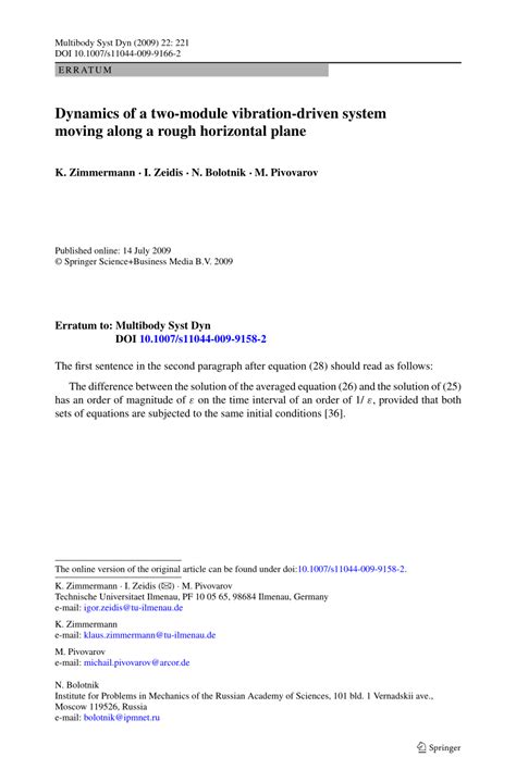 Pdf Dynamics Of A Two Module Vibration Driven System Moving Along A Rough Horizontal Plane
