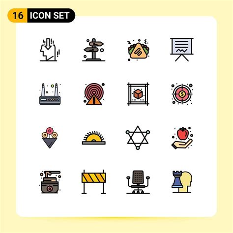 Modern Set Of 16 Flat Color Filled Lines And Symbols Such As Presentation Easel Arrow Board