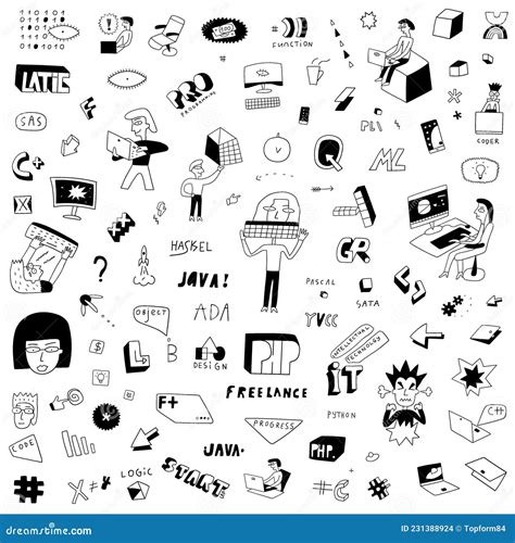 Programming Computer Technology Doodles Vector Icon Set Stock