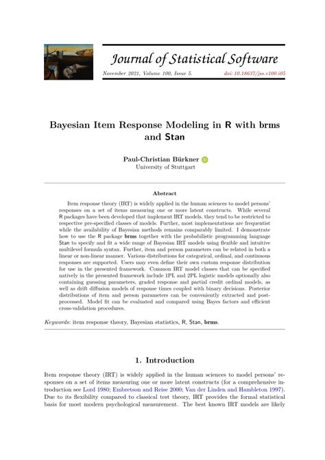 Pdf Bayesian Item Response Modeling In R With Brms And Stan