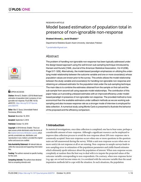 Pdf Model Based Estimation Of Population Total In Presence Of Non Ignorable Non Response