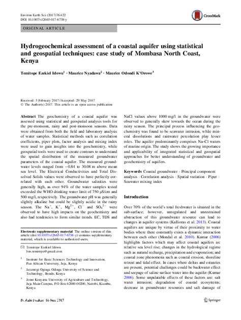 Pdf Hydrogeochemical Assessment Of A Coastal Aquifer Using