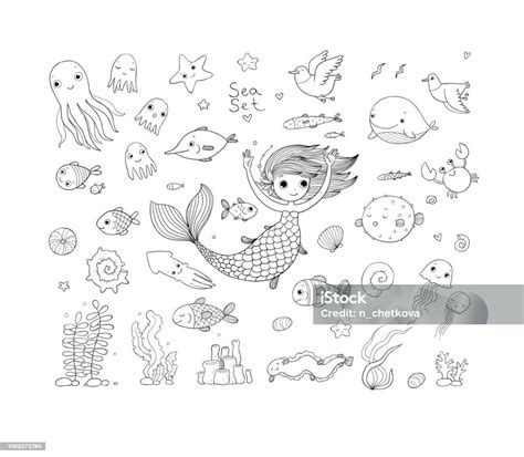 해양 그림을 설정합니다 작은 귀여운 만화 인 어 재미 있는 물고기 낙 지 다른 조류 바다 테마입니다 흰색 바탕에 고립 된 개체입니다 0명에 대한 스톡 벡터 아트 및 기타