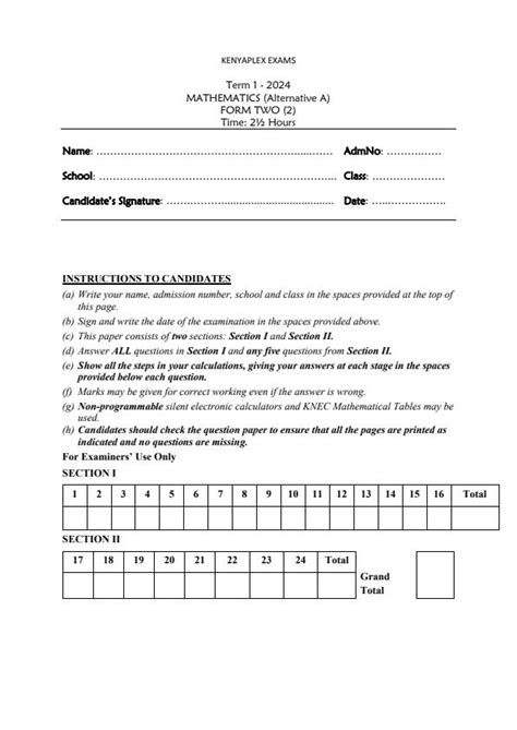 Form 2 Mathematics End Of Term 1 Examination 2024 2233