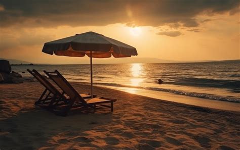 Premium Ai Image Beautiful Sunset Beach Sun Lounger And Umbrella On A