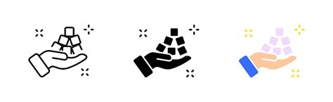 설탕 큐브 라인 아이콘이 있는 한 줌의 손 단맛 설탕 감미 식이 차 커피 고품질 요리 음식 디저트 개념입니다 선에 있는 벡터