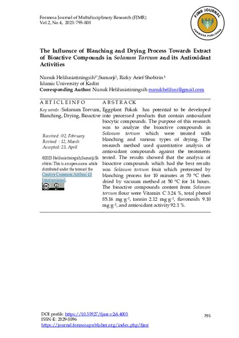 Pdf The Influence Of Blanching And Drying Process Towards Extract Of Bioactive Compounds In