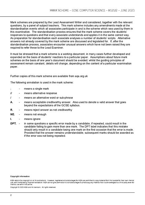 Aqa Gcse Computer Science Paper 2 2023 Mark Scheme 85252 Computing