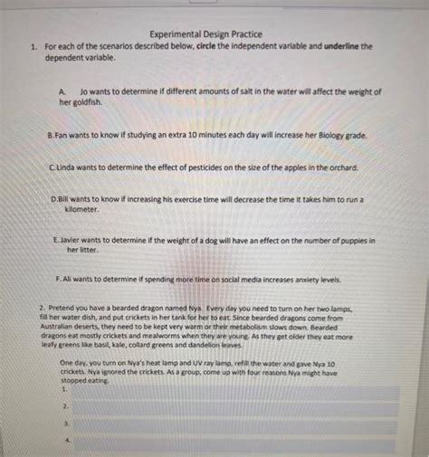 Solved Experimental Design Practice 1 For Each Of The