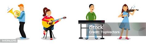 무대에서 악기를 연주하는 남자와 여자 예술가들 벡터 세트 Classical Concert에 대한 스톡 벡터 아트 및 기타 이미지