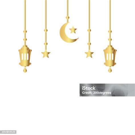 간단한 매달려 아랍 전통 라마단 카림 랜턴 이드 Fitr 또는 아다 무바라크 금 황금 색깔 램프 인사말 초승달 와 별 상징 윤곽선 아이콘 벡터 일러스트 레이 션 0명에 대한