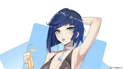 Hot Anime Girl Yelan Having Some Drinks Genshin Impact 2k Wallpaper