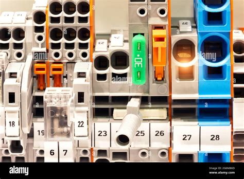 View Of Communication Port Module On PLC Unit In Control Box Of Automation Machine Stock Photo