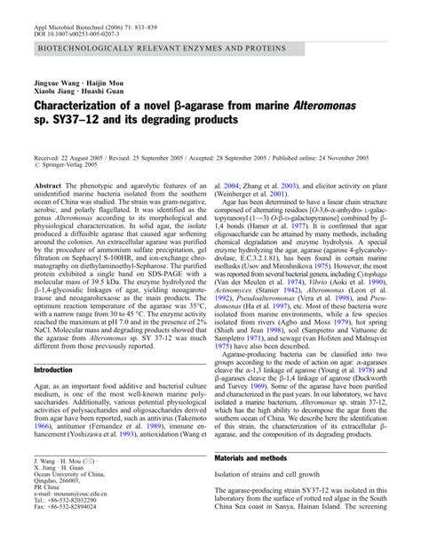 Pdf Characterization Of A Novel Agarase From Marine Alteromonas Sp Sy37 12 And Its