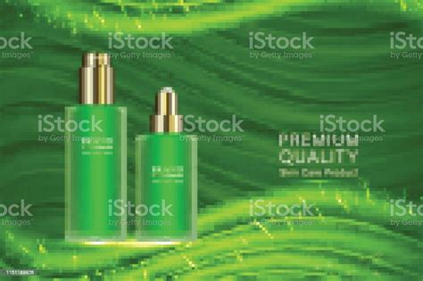 미용 제품 사용 준비 된 광고 배경으로 녹색 화장품 용기 고급 스킨 케어 광고 일러스트 벡터 개념에 대한 스톡 벡터 아트 및