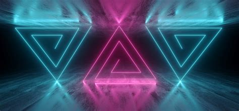 공상 과학 소설 미래 네온 조명 삼각형 모양 의 활기찬 보라색 파란색 빛나는 그런 지 콘크리트 바닥 천장 지하 차고 터널 복도 어두운 빈 가상 3d 렌더링 0명에 대한 스톡