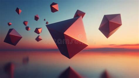 abstract geometric shapes floating above sunset water stock