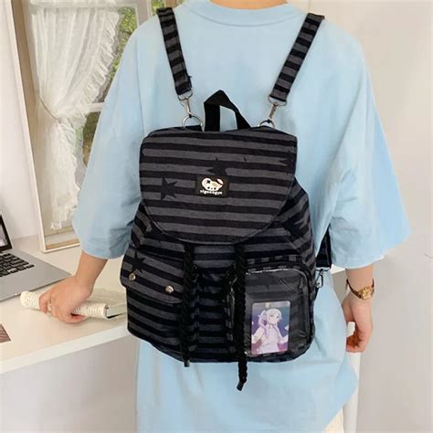Jual Nordic Simple Striped Backpack For Women With Pvc Display Panel