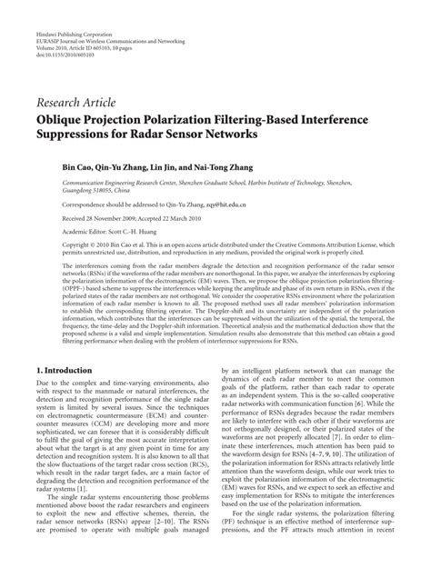 Pdf Oblique Projection Polarization Filtering Based Interference Suppressions For Radar Sensor