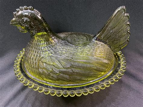 Vintage Indiana Glass Hen On The Nest Green Candy Dish Etsy