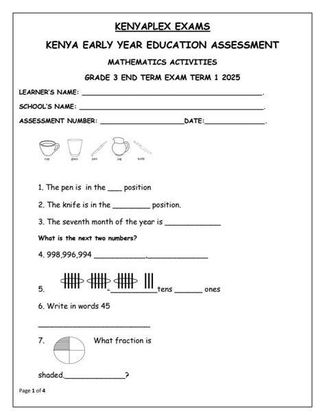 Grade 3 Mathematics Activities End Of Term 1 Examination 2025