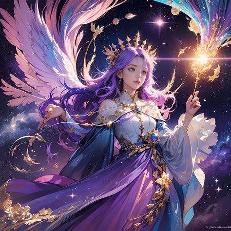 A Woman With Purple Hair And Wings Holding A Wand Seaart Ai