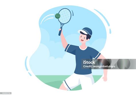손에 라켓을 들고 코트에서 공을 가진 테니스 선수 플랫 카툰 일러스트레이션에서 스포츠 경기를하는 사람들 건강한 생활방식에 대한 스톡 벡터 아트 및 기타 이미지 Istock