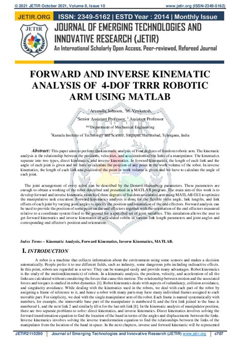 Pdf Forward And Inverse Kinematic Analysis Of 4 Dof Trrr Robotic Arm