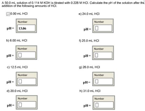 a 50 0 ml solution of 0 114 m koh is titrated with