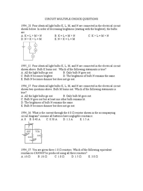 Circuits Multiple Choice Pdf Series And Parallel Circuits Resistor